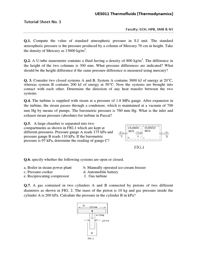 Tutorial Sheet No. 1: UES011 Thermofluids (Thermodynamics) | PDF