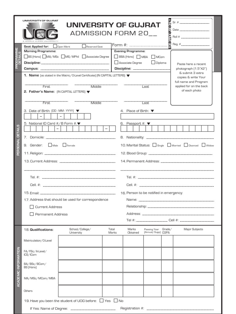 Admission Form UOG 2010 | PDF | Bachelor Of Science | Master Of Science