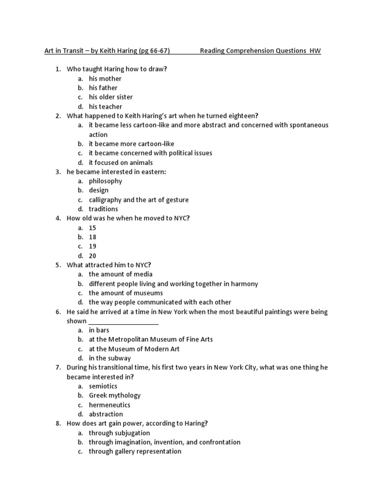 U2 - Keith Haring Comprehension Questions | PDF | Drawing