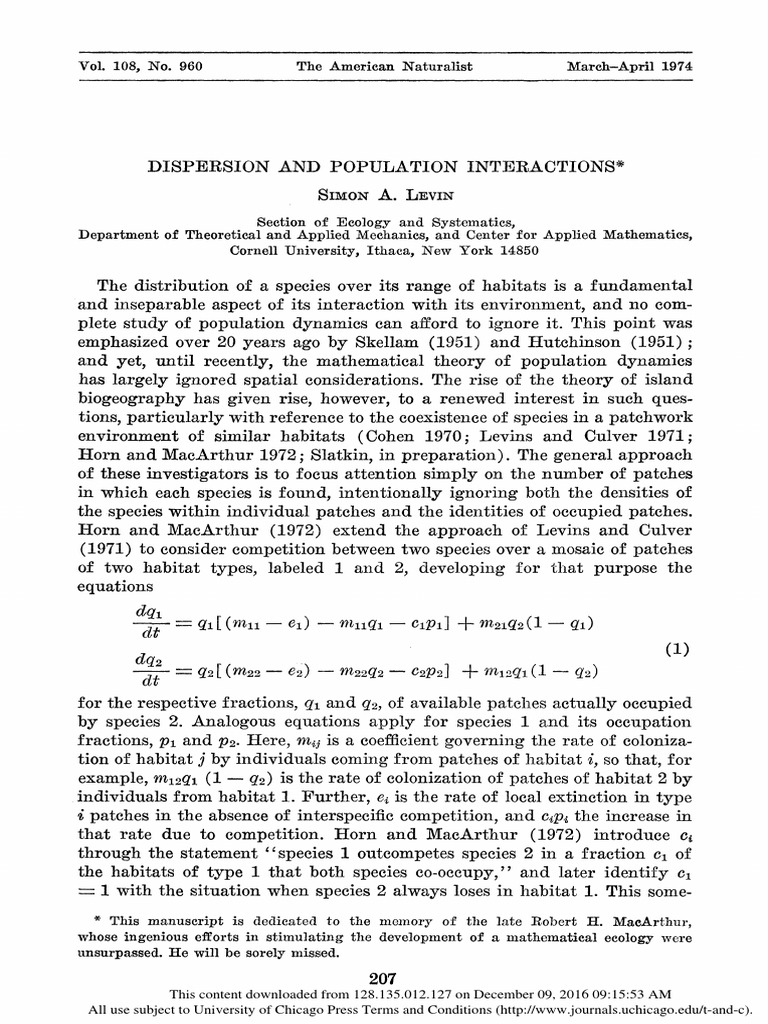 Dispersion and Population Interactions : Simon A. Levin | PDF | Ecology ...
