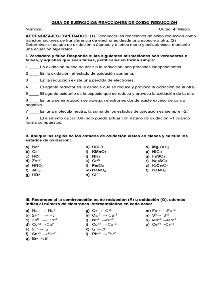 Guía de Ejercicios Reacciones de Óxido Reduccion 4 Medio | Redox | Procesos unitarios