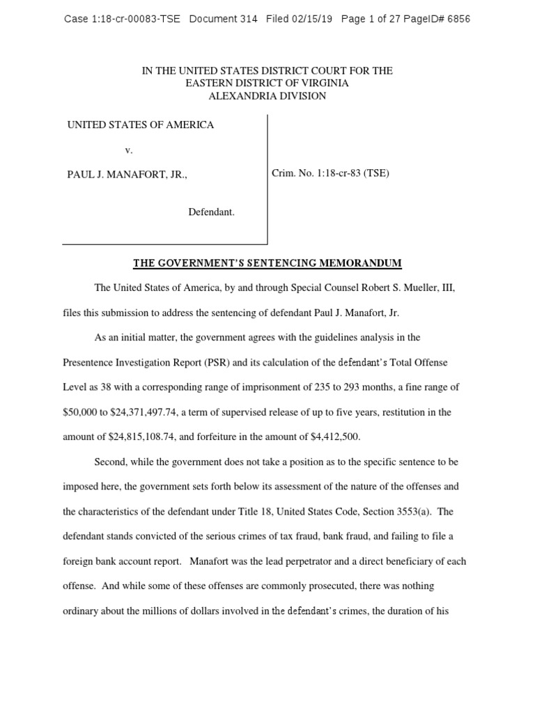 Mueller's Sentencing Memo For Manafort | PDF | United States Federal ...