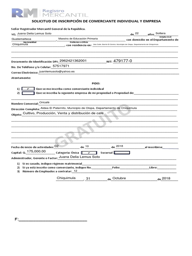 Solicitud de inscripción de comerciante individual y empresa agrícola Oricafé en el Registro ...