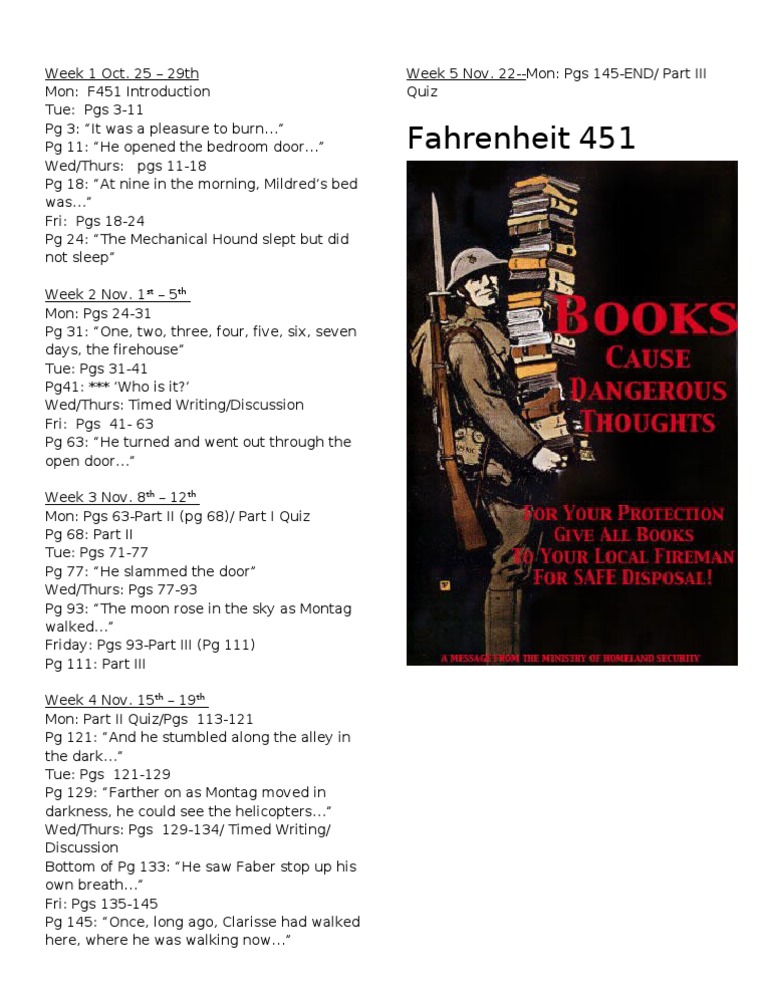 Fahrenheit 451 Reading Schedule | PDF