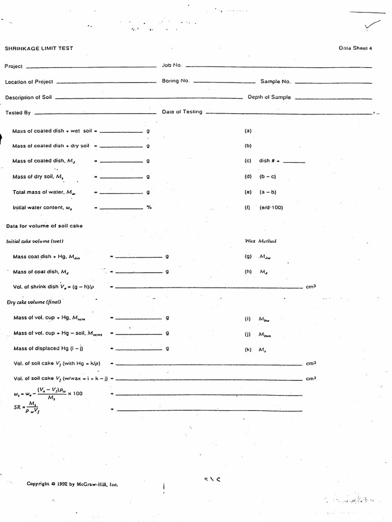 Shrinkage Limit Test Data Sheet Pdf