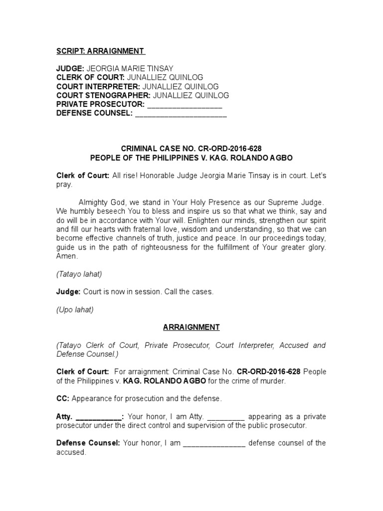 Script Arraignment and Pre-Trial | PDF | Arraignment | Plea