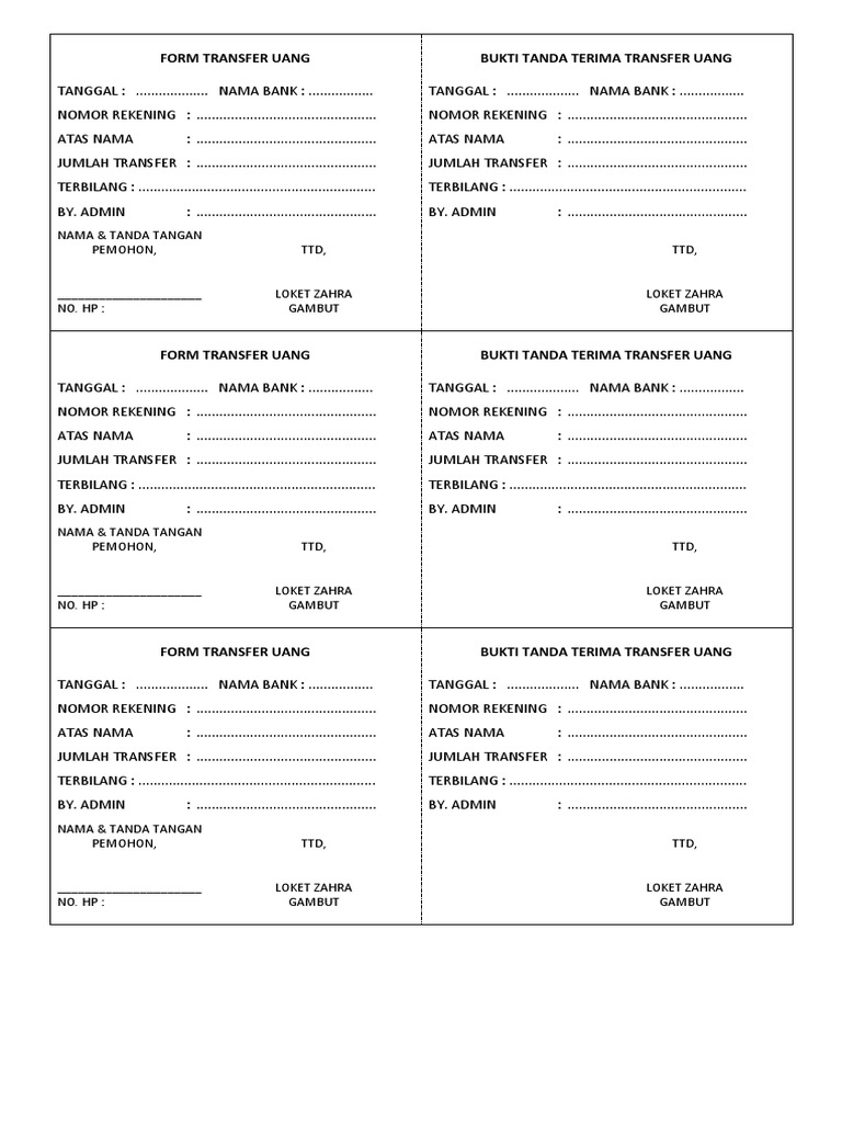 Contoh Formulir Bukti Transfer Uang | PDF | Pengelolaan Keuangan & Uang