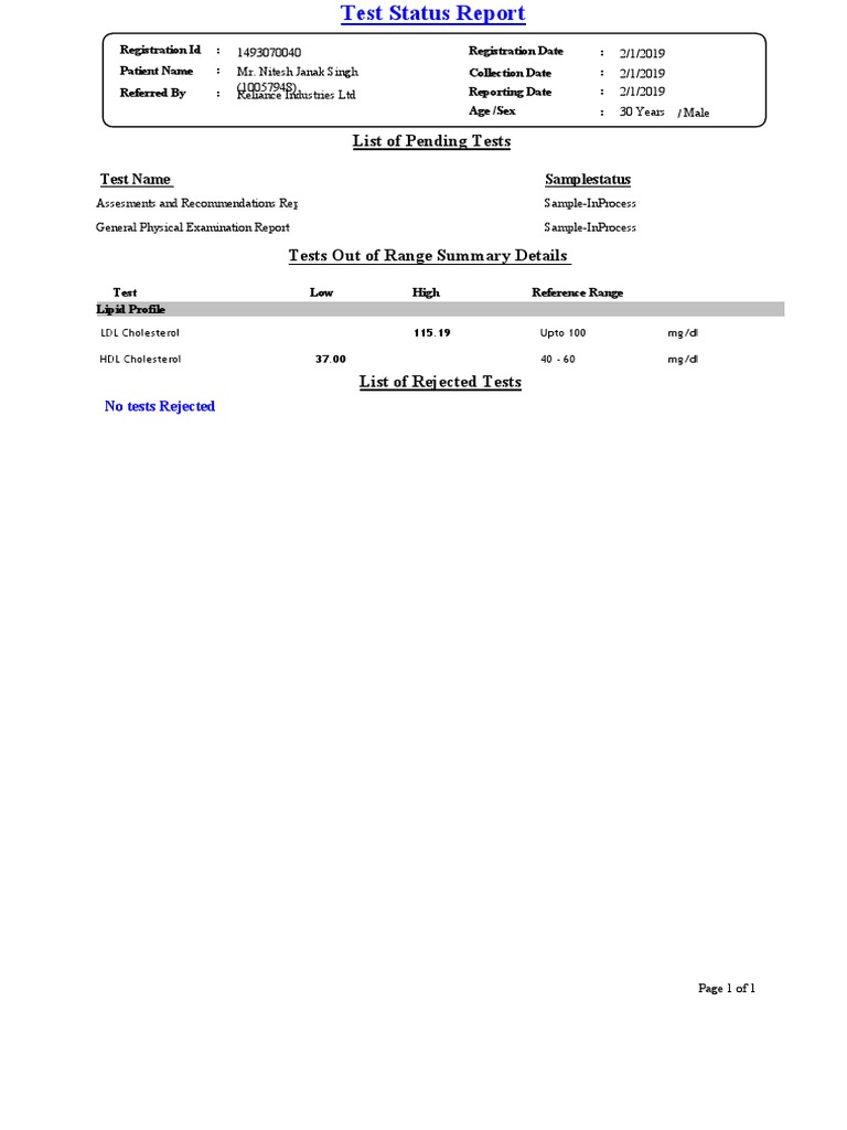 List of Pending Tests: Test Name Samplestatus | PDF | Medical ...