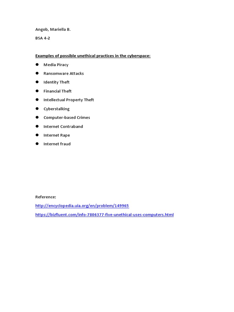 Examples of Possible Unethical Practices in The Cyberspace:: Angob ...