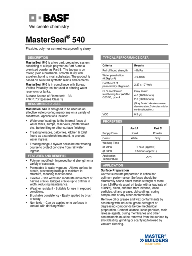 Basf Masterseal 540 Tds | PDF | Concrete | Water