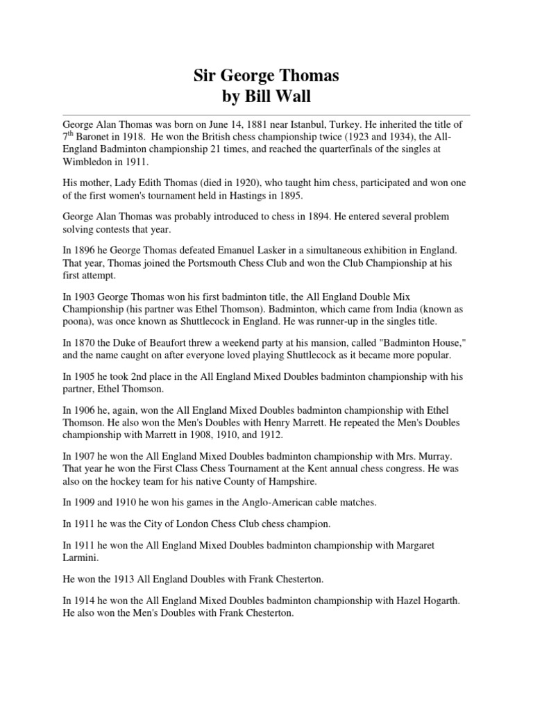 Sir George Thomas by Bill Wall | PDF | Board Games Competitions | Chess