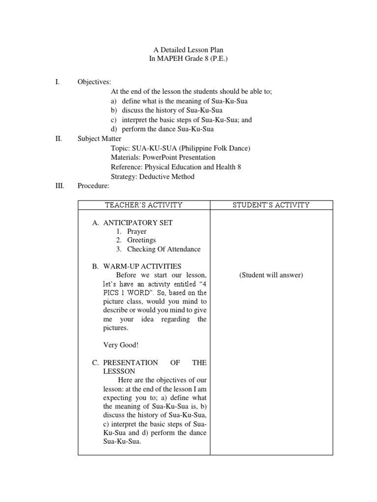 A Detailed Lesson Plan in Sua Ku Sua | PDF