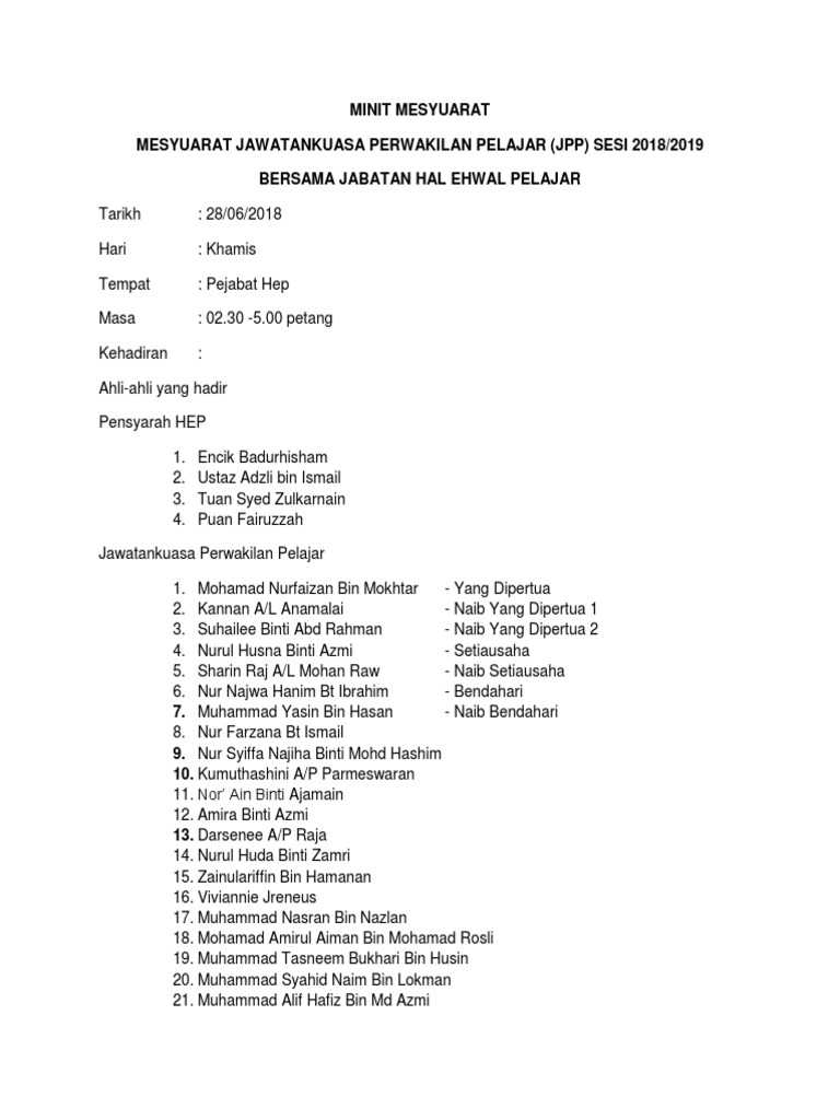 Contoh Minit Mesyuarat (Prjumpaan Bersama HEP) Ipgkrm | PDF
