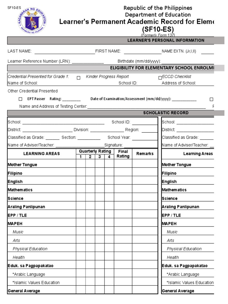 School Form 10 SF10 Learner's Permanent Academic Record For Elementary School - 3 | PDF ...