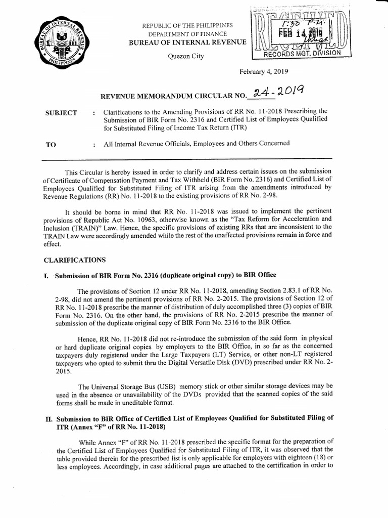 RMC No 24-2019 Submission of Bir Form 2316 | Justice | Crime & Violence