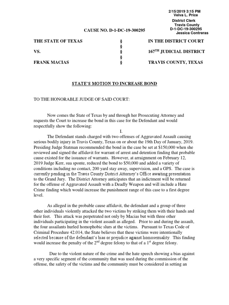 State's Motion To Increase Bond | PDF | Assault | Bail