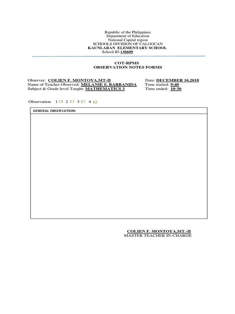 Cot-Rpms Observation Notes Forms | PDF | Teachers | Curriculum