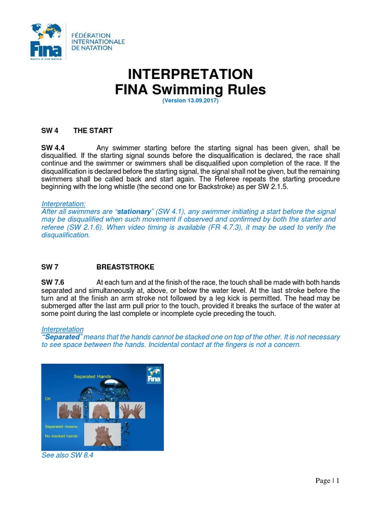 Interpretation FINA Swimming Rules: SW4 The Start SW 4.4 | PDF ...