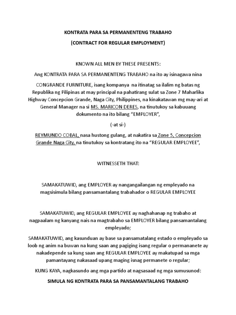 Kontrata Para Sa Permanenteng Trabaho