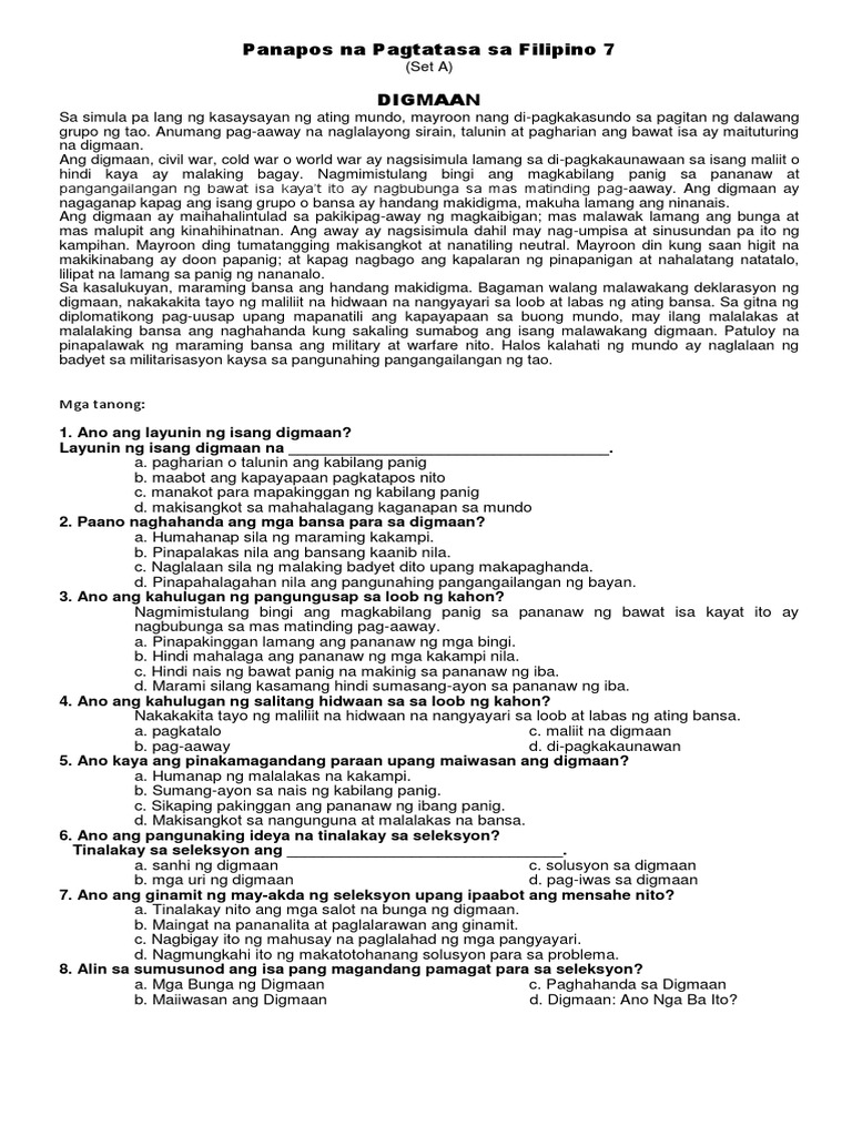 Filipino and English Post-Test | PDF
