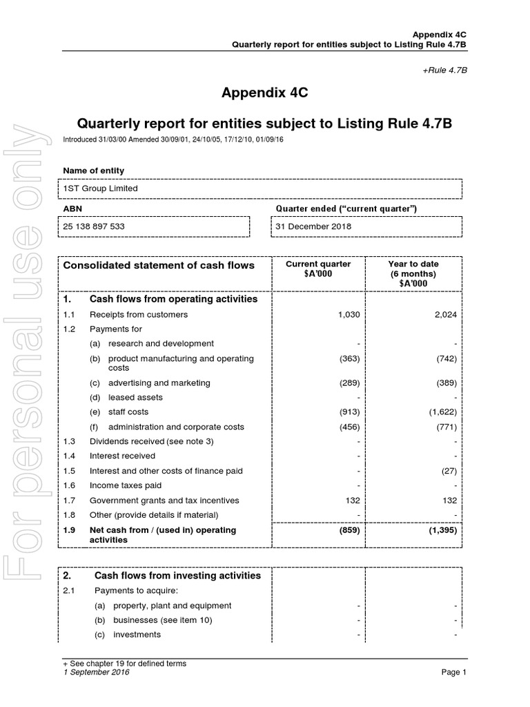 Appendix 4C Quarterly Report For Entities Subject To Listing Rule 4.7B ...