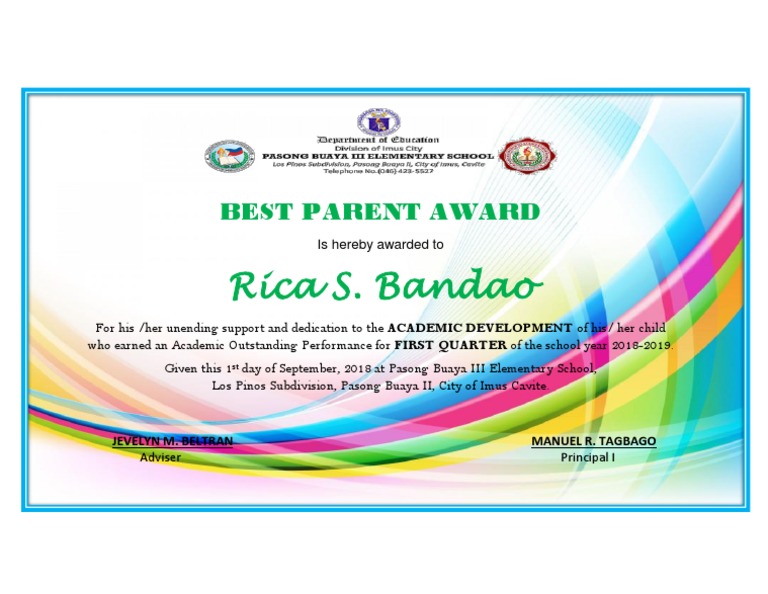 Parent S Certificate For Oustanding PUpils | PDF