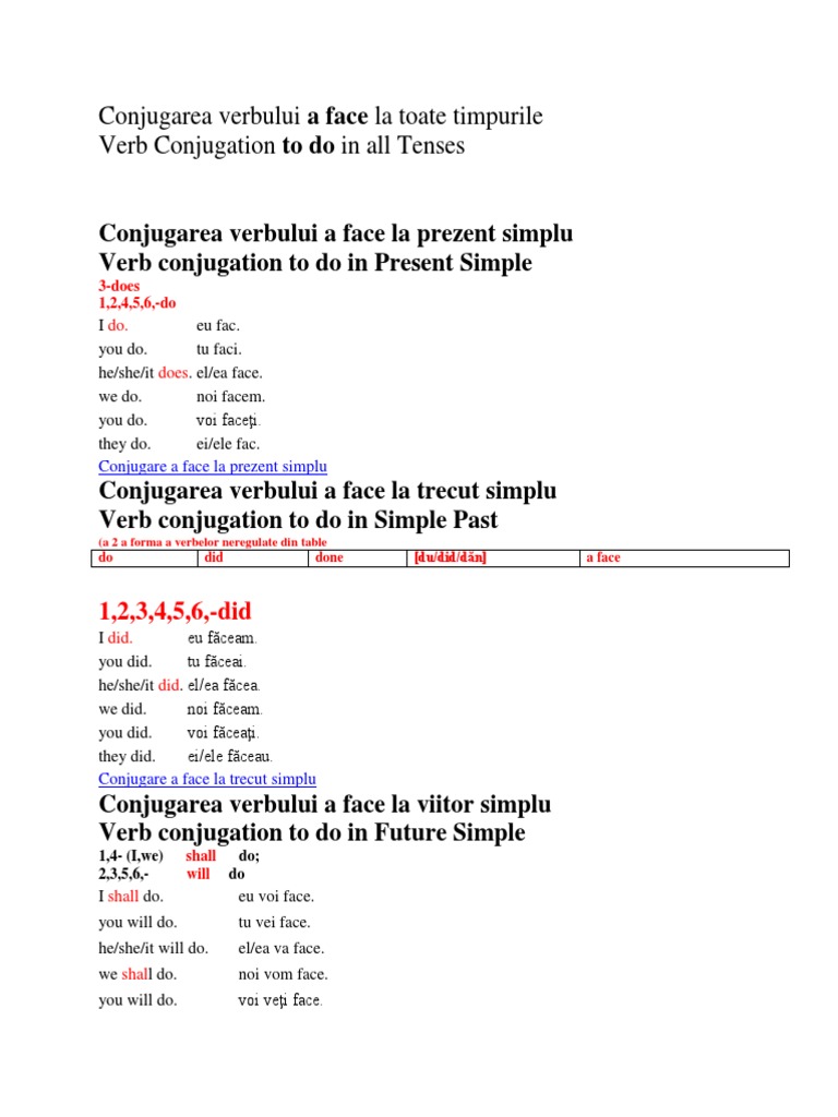 Conjugarea Verbului A Face La Toate Timpurile | Download Free PDF ...