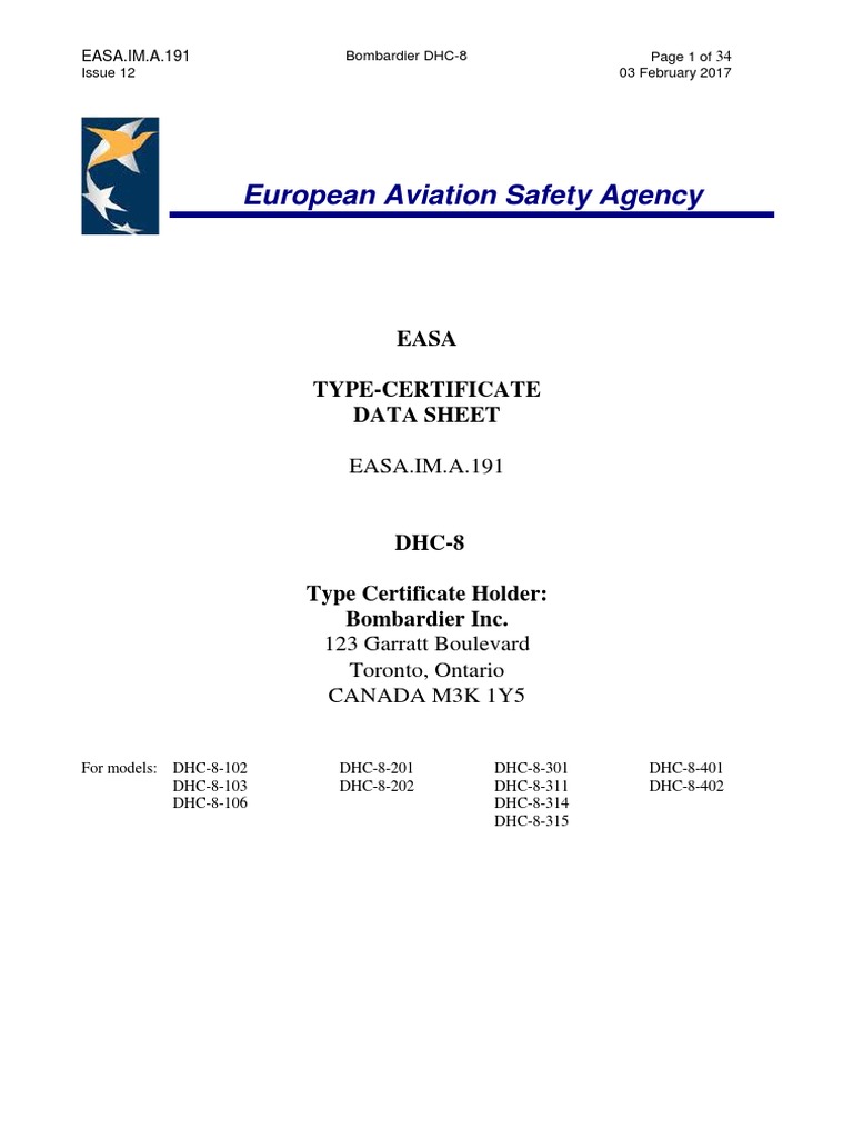 EASA TCDS - DHC-8 - Iss 12 | PDF | Jet Fuel | Airplane