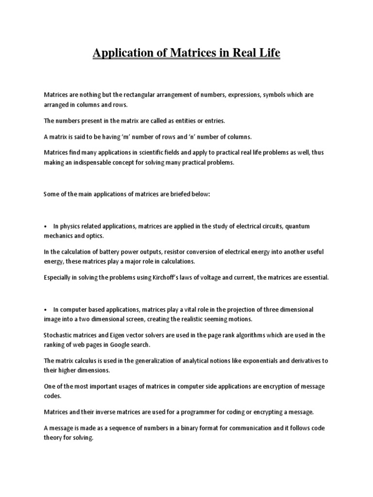 Application of Matrices in Real Life | PDF | Matrix (Mathematics ...