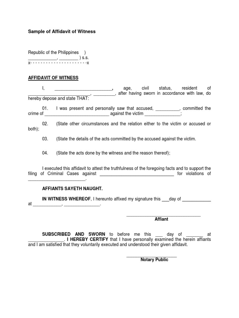 Sample of Affidavit of Witness | Download Free PDF | Affidavit ...