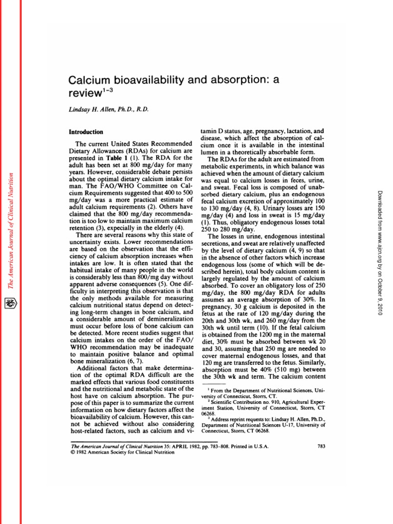 Calcium Bioavailability and Absorption: A Review1: Lindsay H. Allen, PH ...