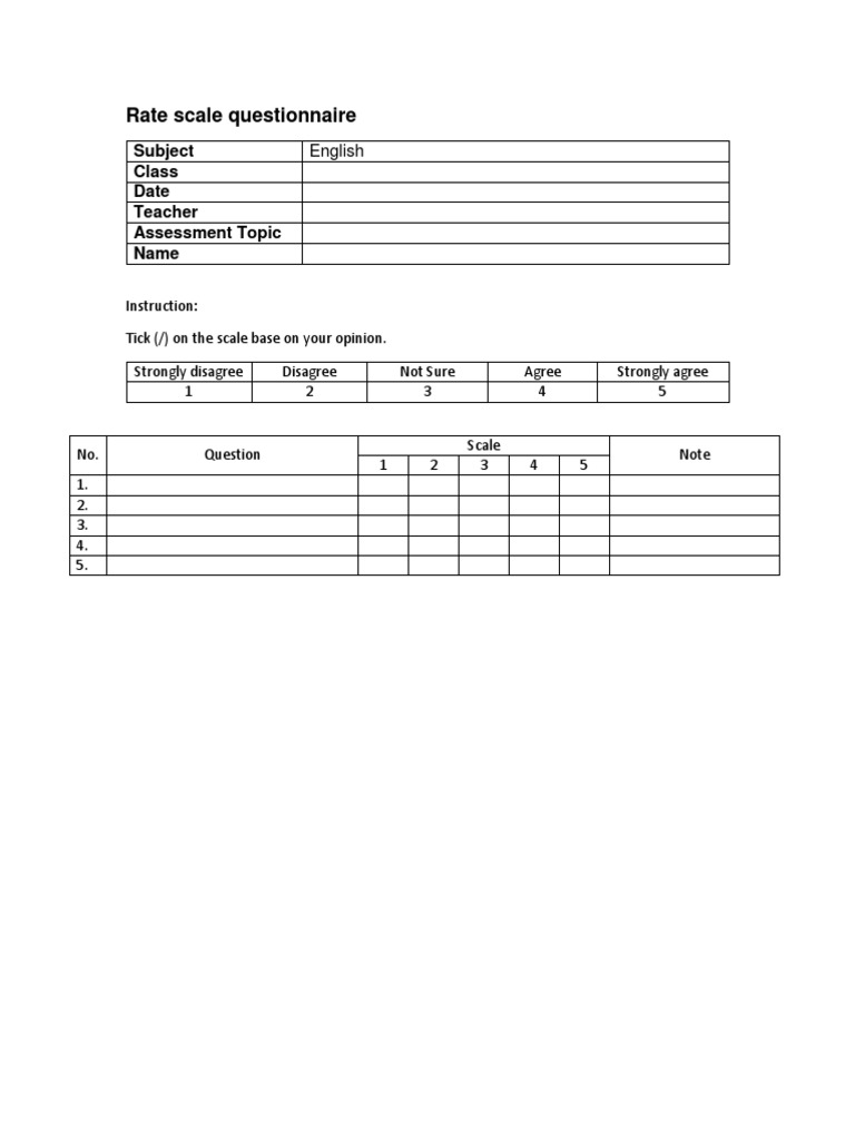 Rate Scale Questionnaire: Subject Class Date Teacher Assessment Topic ...