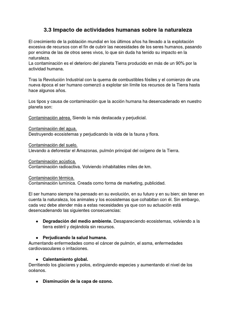 Impacto Humano en la Naturaleza | PDF | Población | Destrucción del habitát