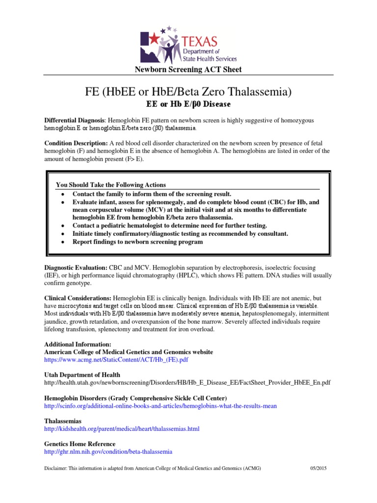 Fe (Hbee Or Hbe/Beta Zero Thalassemia) : Ee Or Hb E/Β0 Disease | PDF ...