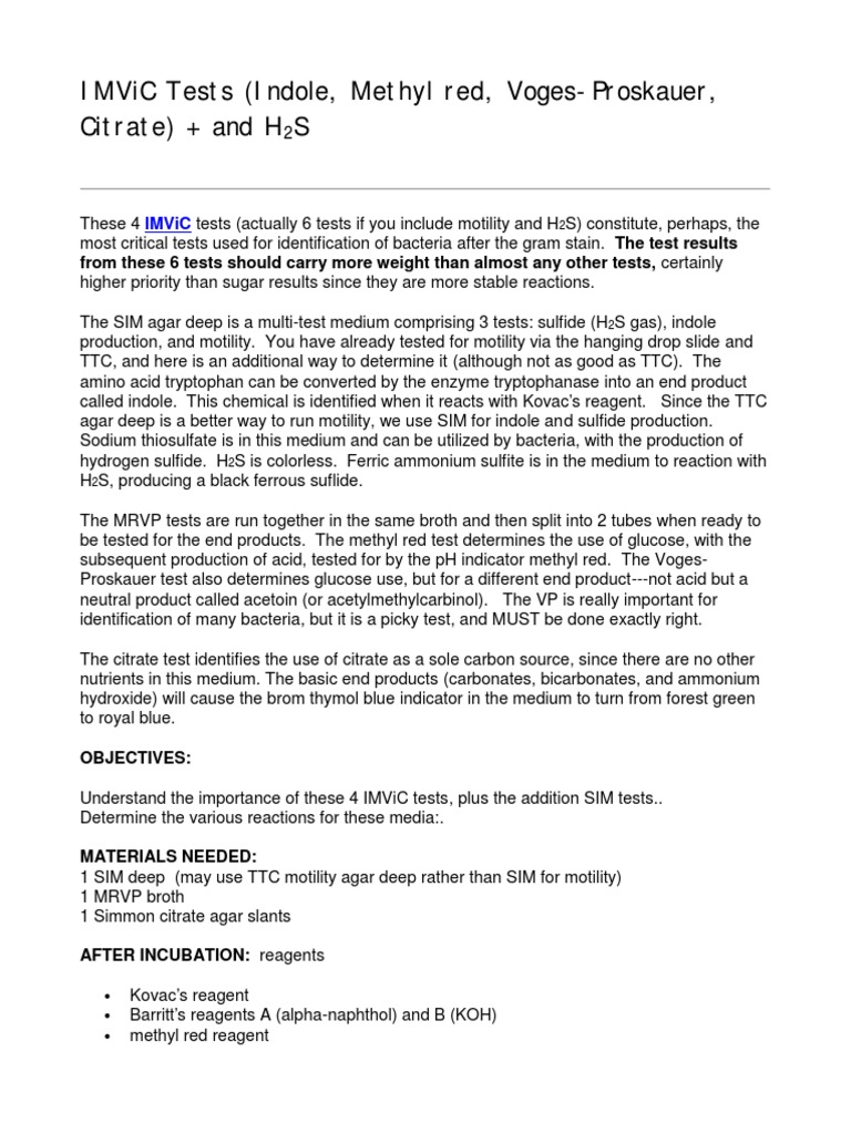 Imvic Tests (Indole, Methyl Red, Voges-Proskauer, Citrate) + and H S ...