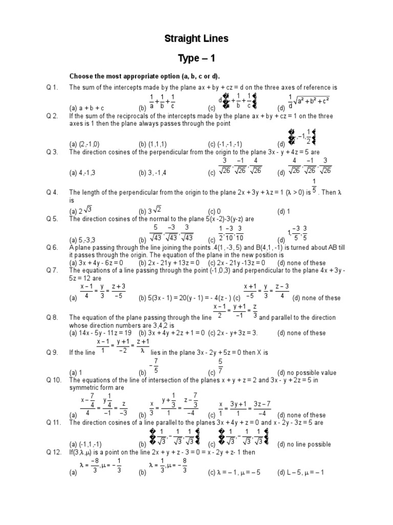 Straight Lines Type - 1: Choose The Most Appropriate Option (A, B, C or ...