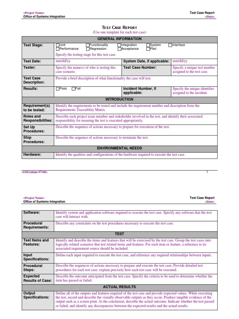 Testing the Unit Functionality of a Project's Test Case Report Template ...