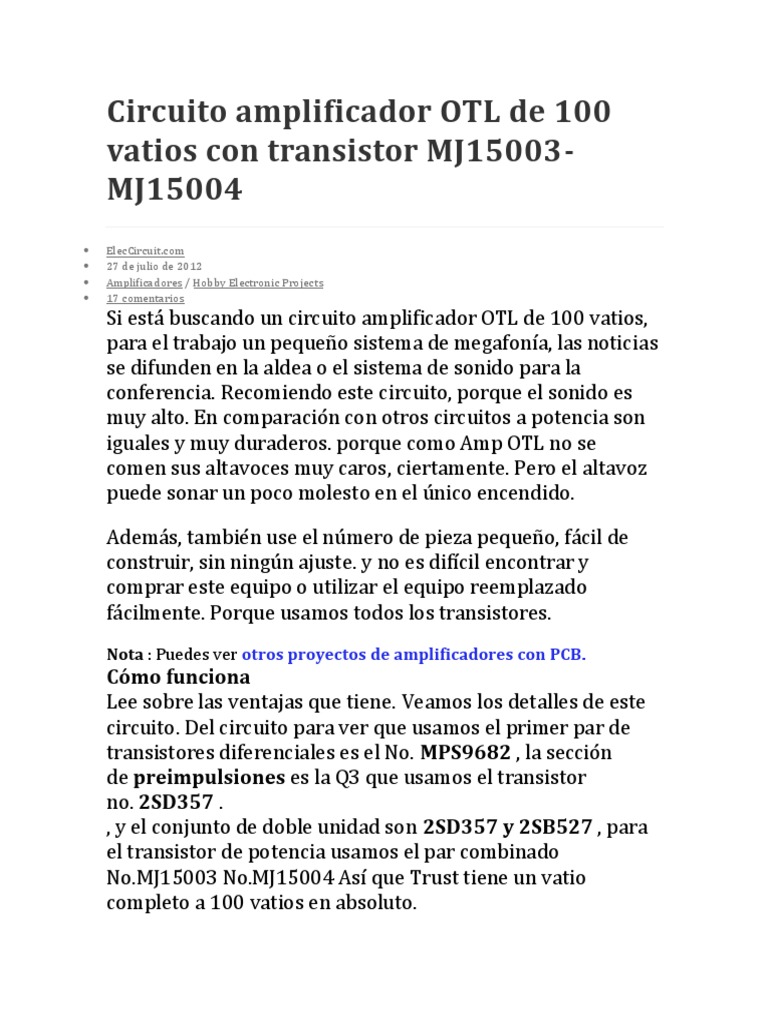 Circuito Amplificador OTL de 100 Vatios Con Transistor MJ15003-MJ15004 ...