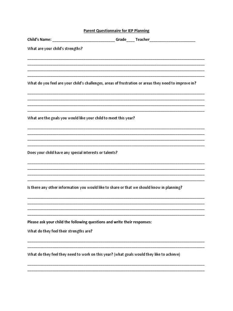 IEP Parent Input Questionnaire | PDF | Individualized Education Program ...