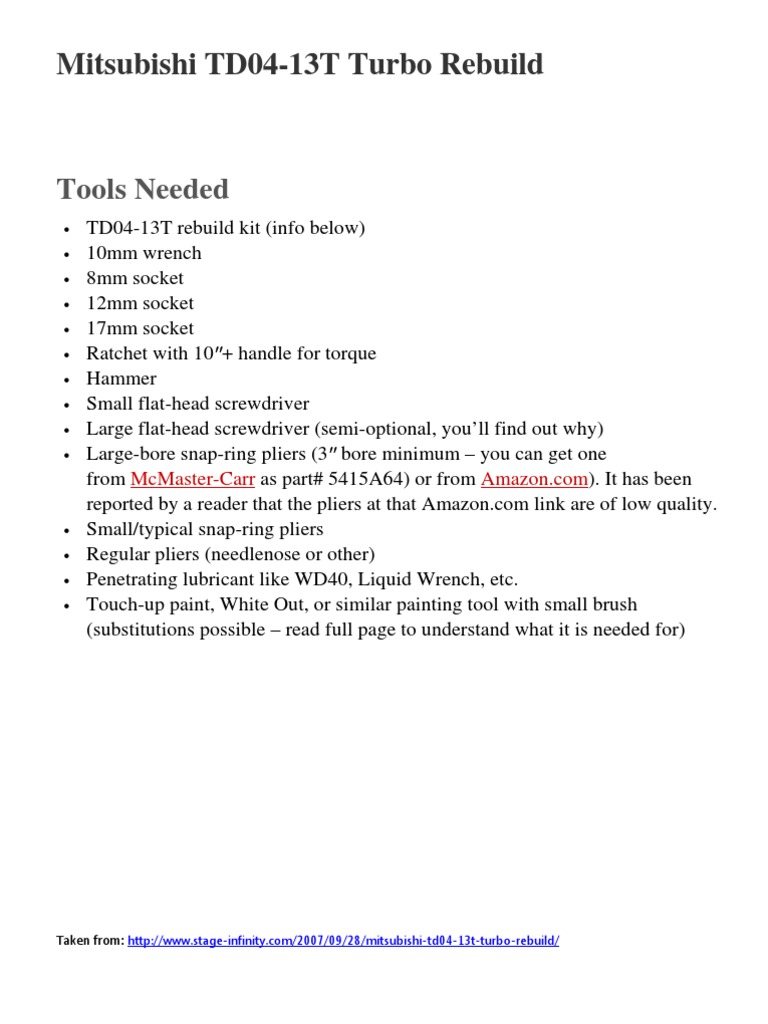 Mitsubishi TD04-13T Turbo Rebuild Guide | PDF | Nut (Hardware) | Screw