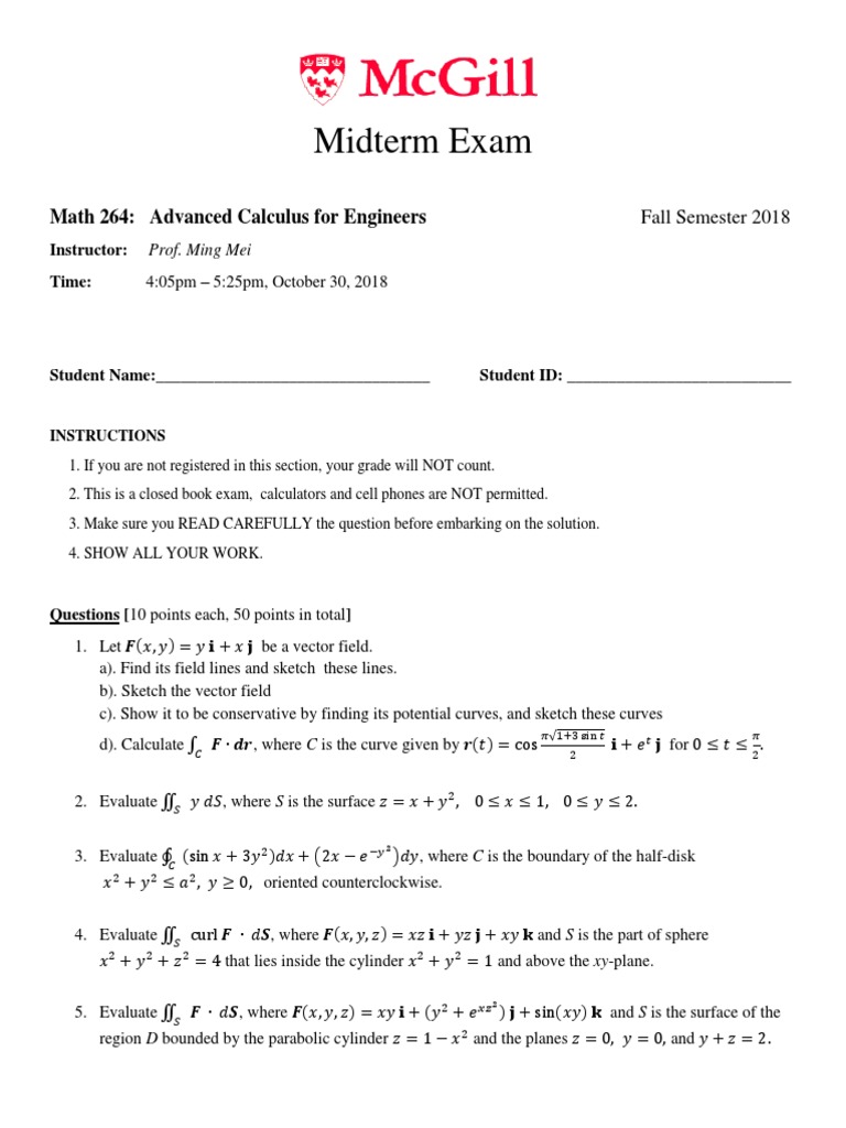 Midterm Exam: Math 264: Advanced Calculus For Engineers | PDF | Multivariable Calculus ...