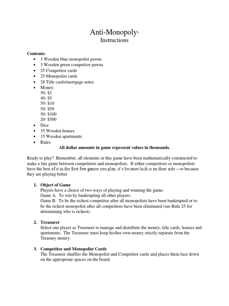 Antimonopoly Rules | PDF | Monopoly | Bankruptcy