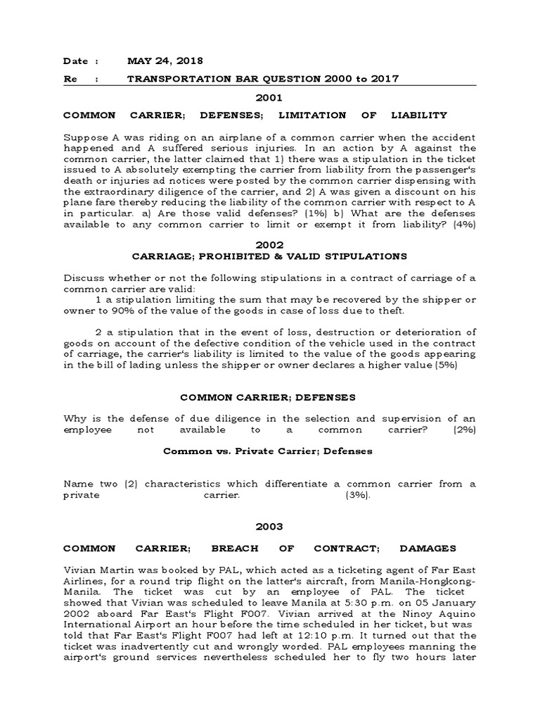 TRANSPO Bar Q's | PDF | Admiralty Law | Common Carrier