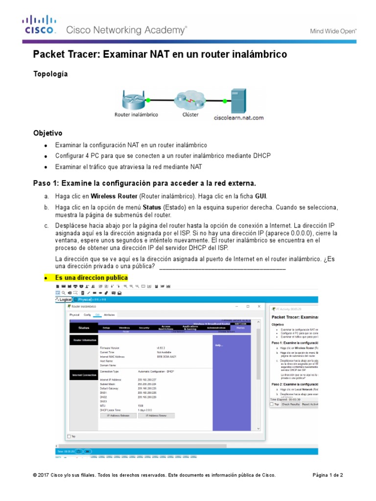 4.4.3.2 Packet Tracer - Examine NAT On A Wireless Router | PDF | Enrutador (Computación ...