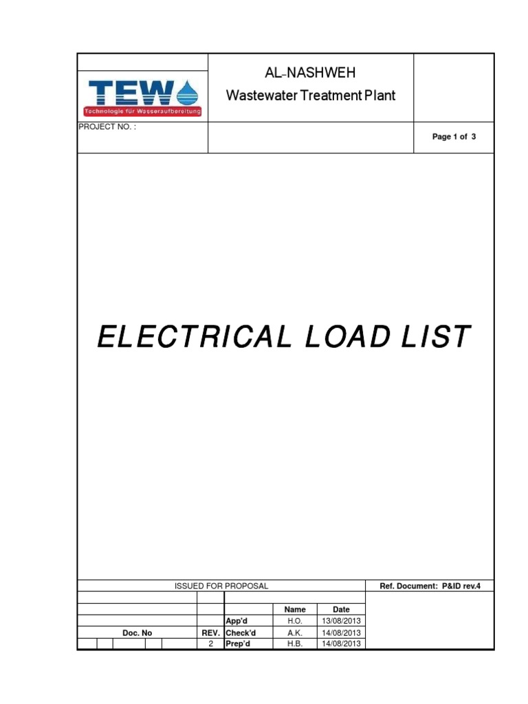 Electrical Load List for AL-NASHWEH Wastewater Treatment Plant | PDF ...
