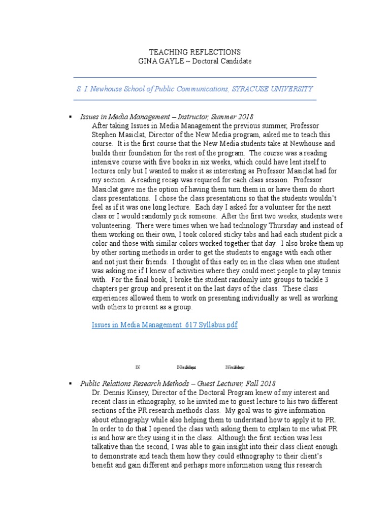 Gina Gayle Teaching Reflections | PDF | Multimedia | Learning