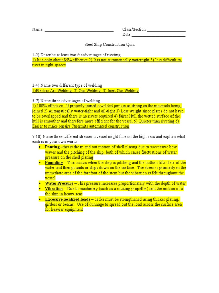 Ship's Construction Quiz Answers | PDF