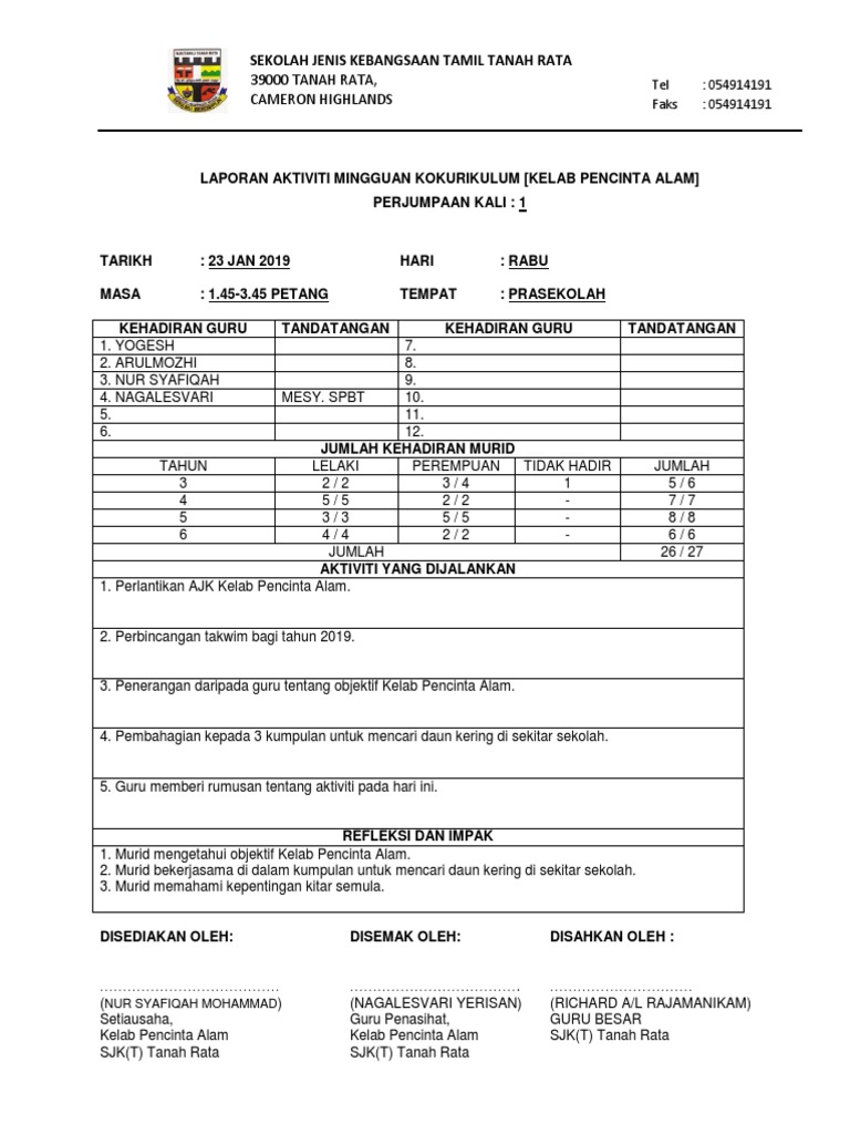 Laporan Aktiviti Mingguan Kokurikulum | PDF