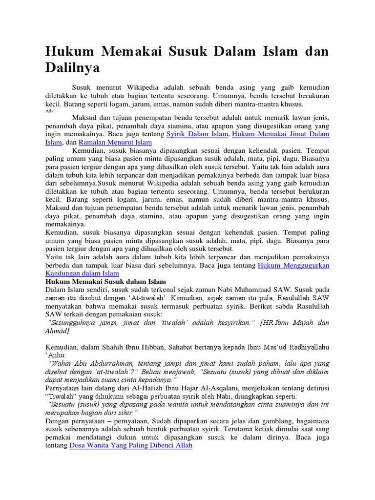 Hukum Memakai Susuk Dalam Islam Dan Dalilnya | PDF