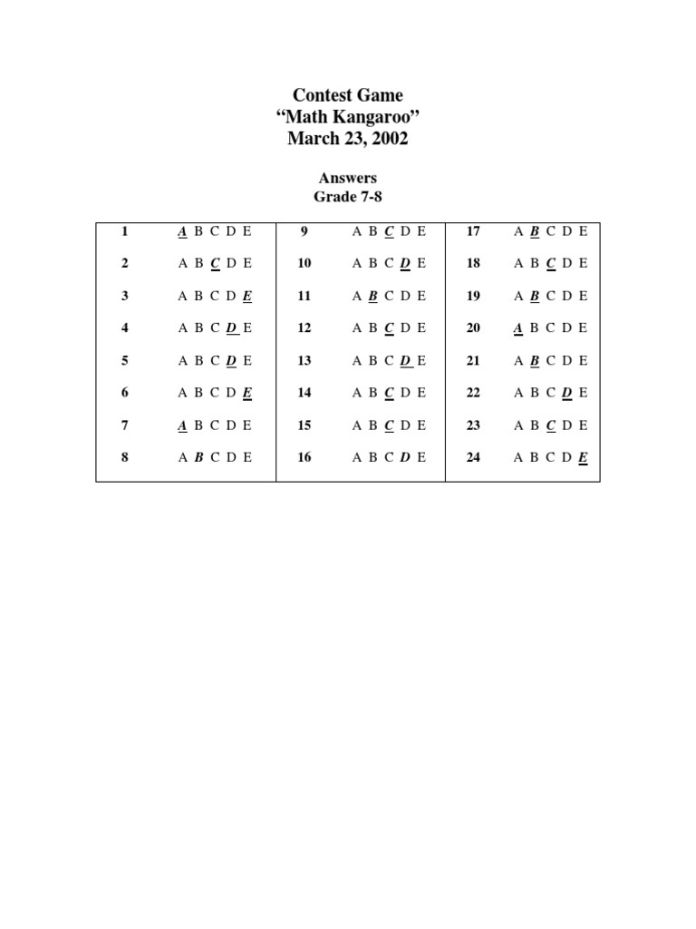 Contest Game "Math Kangaroo" March 23, 2002: Answers Grade 7-8 | PDF